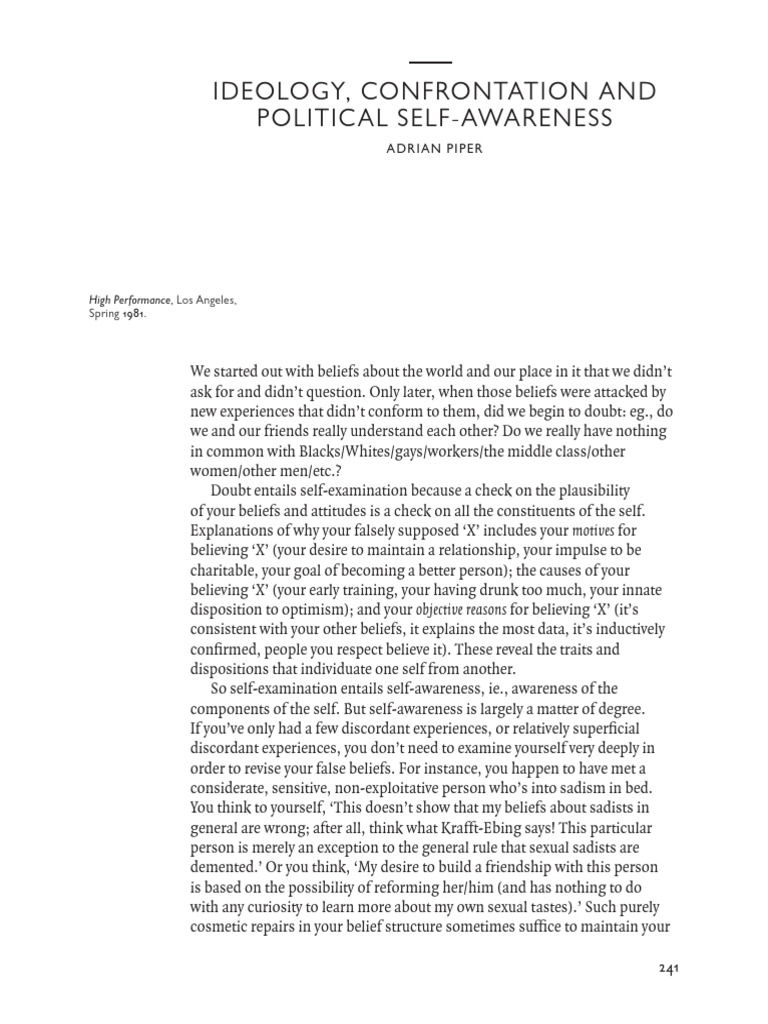 Adrian Piper, Ideology, Confrontation and Political Self-Awareness (1981) | PDF