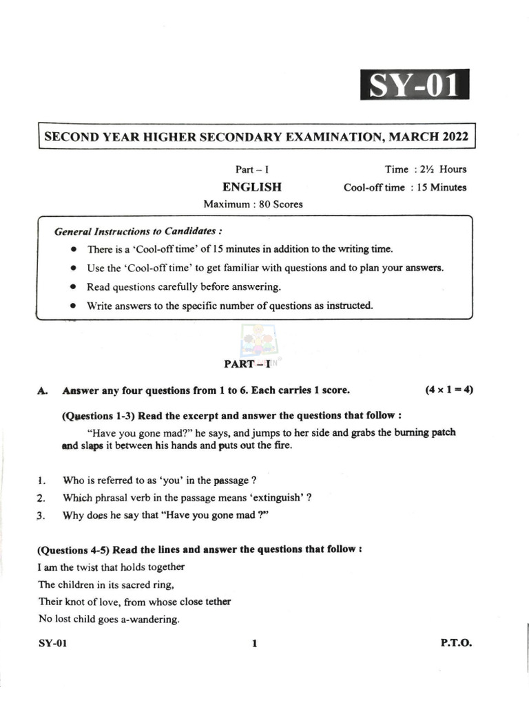 Hsslive Xii English QP March 2022 | PDF