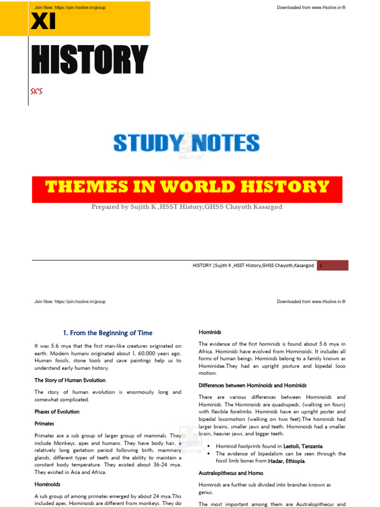 Hsslive Xi History Study Notes English Sujith 2023 PDF Ape Homo