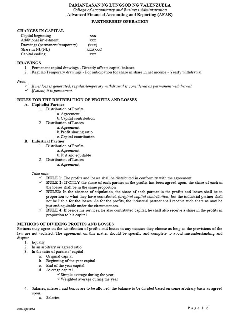 College of Accountancy and Business Administration: Partnership Operation Changes in Capital ...