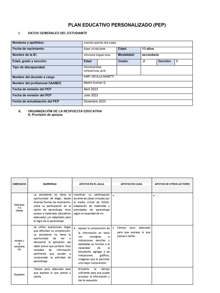 PLAN EDUCATIVO PERSONALIZADO (PEP) - Kiara | PDF | Aprendizaje