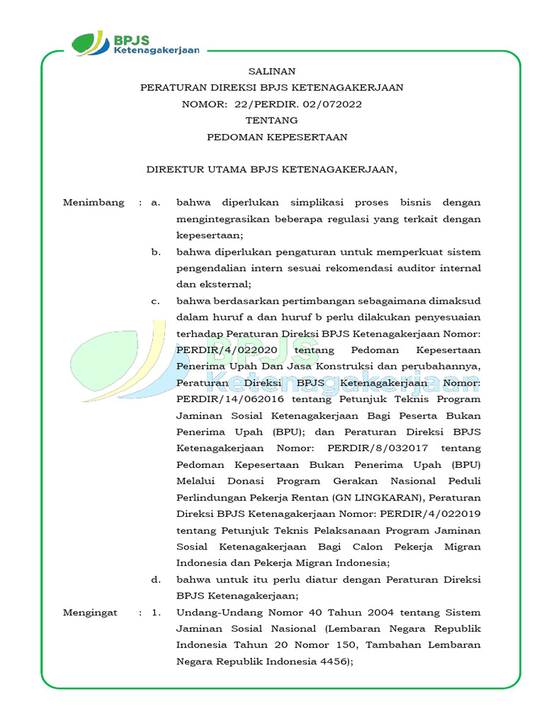 Salinan Peraturan Direksi Nomor 22 PERDIR.02 072022 Tentang Pedoman Kepesertaan | PDF