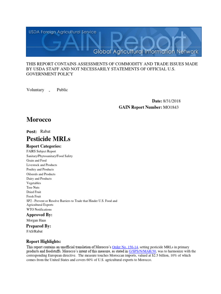 Morocco Pesticide MRLs Overview | PDF | Citrus | Offal