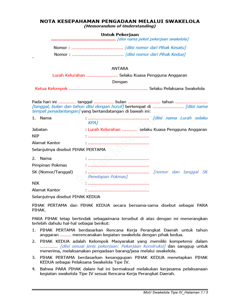 MoU Swakelola - Tipe IV | PDF