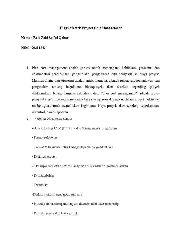 Rais Zaki Saiful Qohar - Materi Dan Tugas - Project Cost Management | PDF