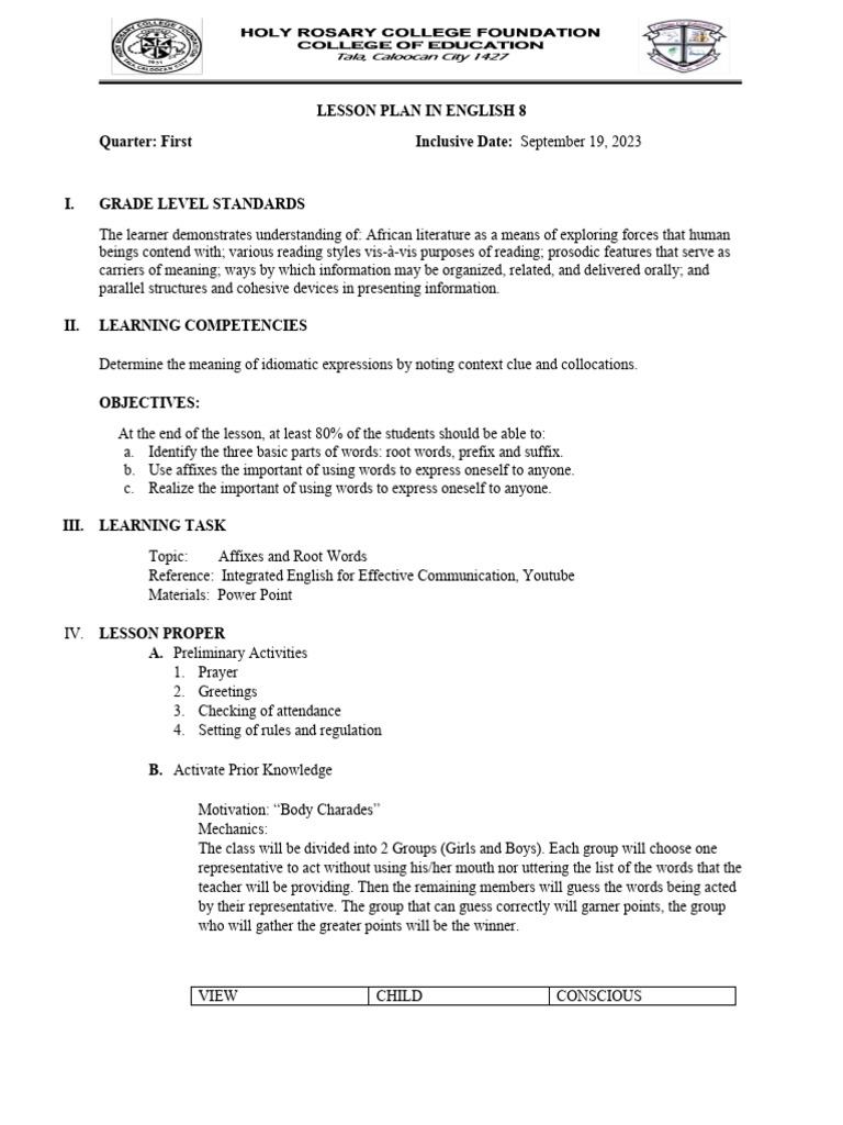 Lesson Plan in Affixes Jerimiah 8 | PDF | Verb | Adjective