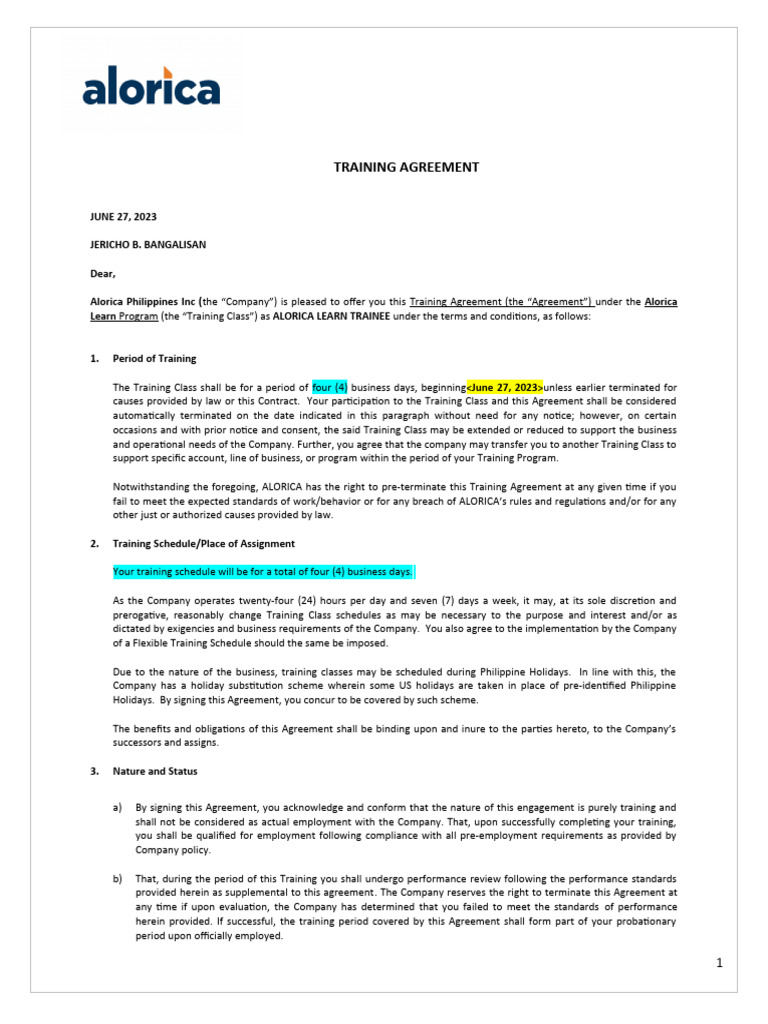 NCR Alorica Learn Training Agreement - (JERICHO B. BANGALISAN) | PDF | Legal Remedy | Trademark