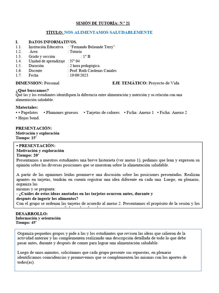Sesion de Tutoria 21 - Nos Alimentamos Saludablemente | PDF | Nutrición | Dieta y nutrición