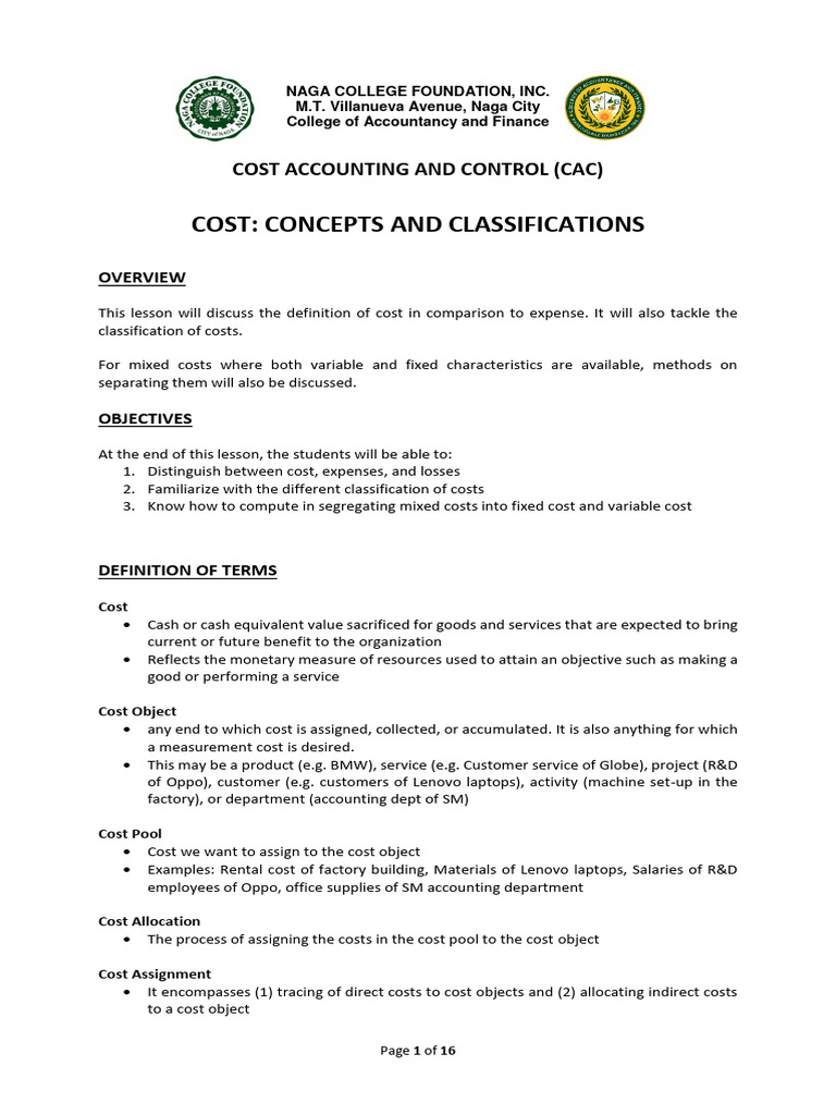 LH - 02 - CAC - Cost Concepts and Classfication | PDF | Cost | Expense