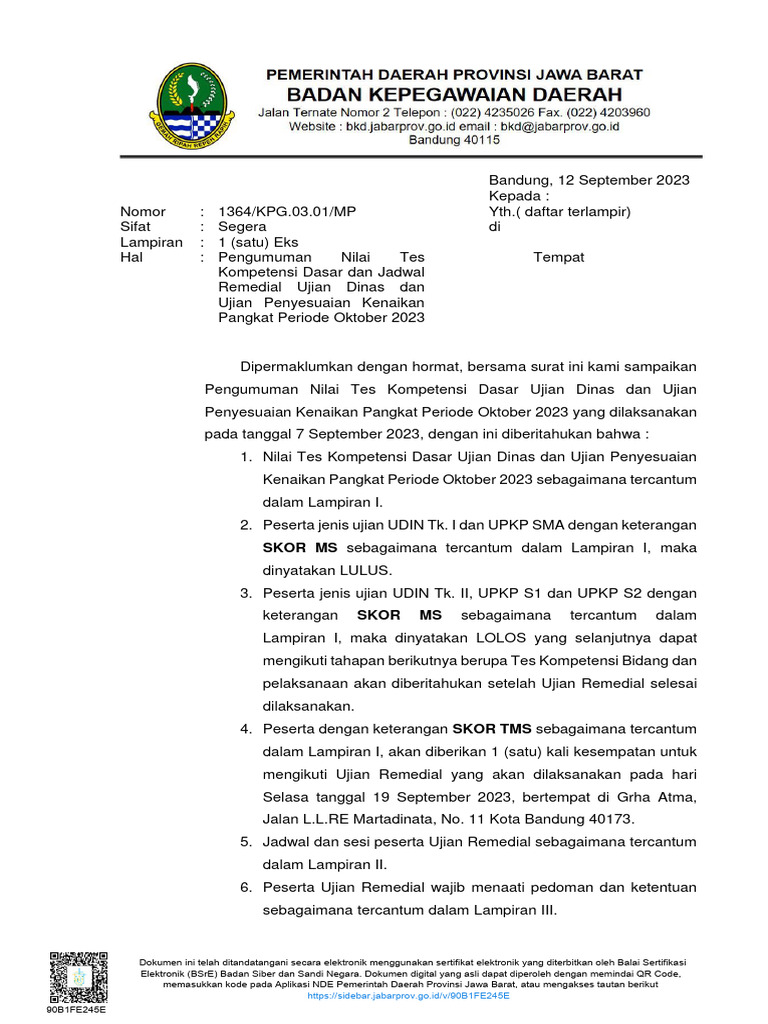 C2 Surat Pengumuman Nilai TKD Dan Remedial SIG 14092023 023139 Signed | PDF