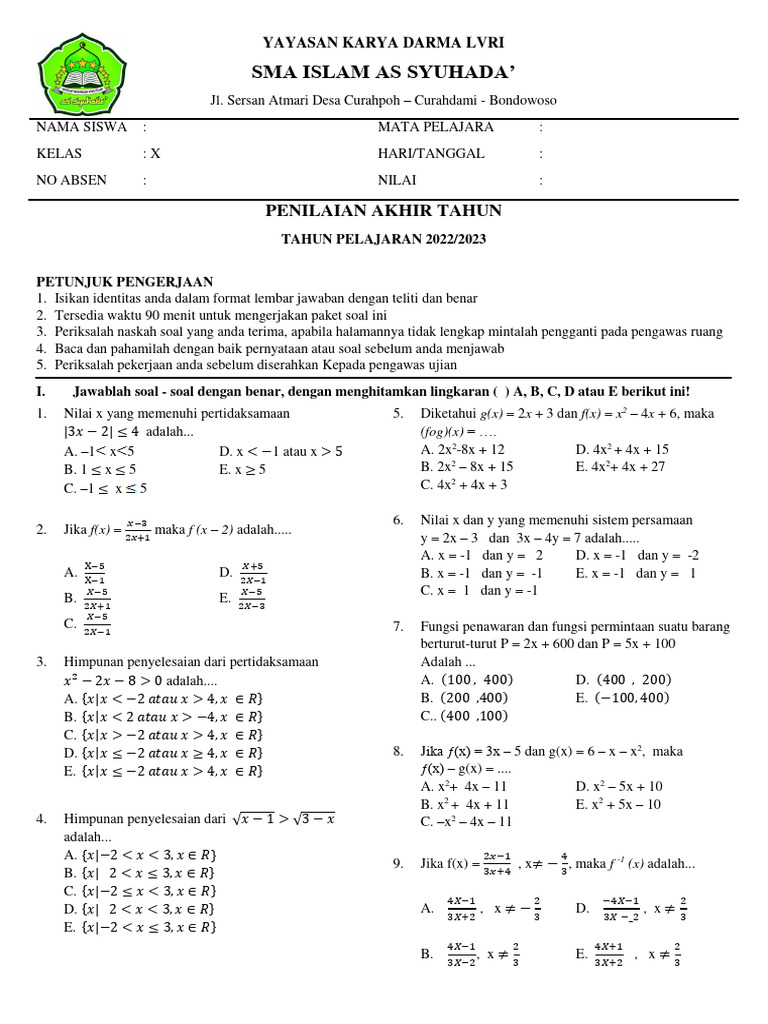 Soal PAT Matematika Wajib Kelas 10 | PDF