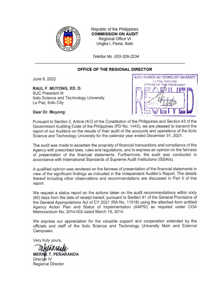 02-ISATU2021 Transmittal Letter | PDF | Audit | President Of The ...