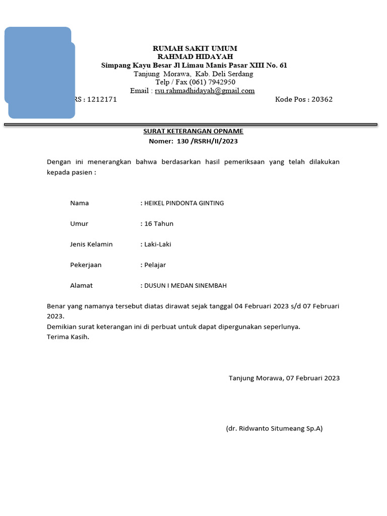 Surat Keterangan Opname Pasien | PDF
