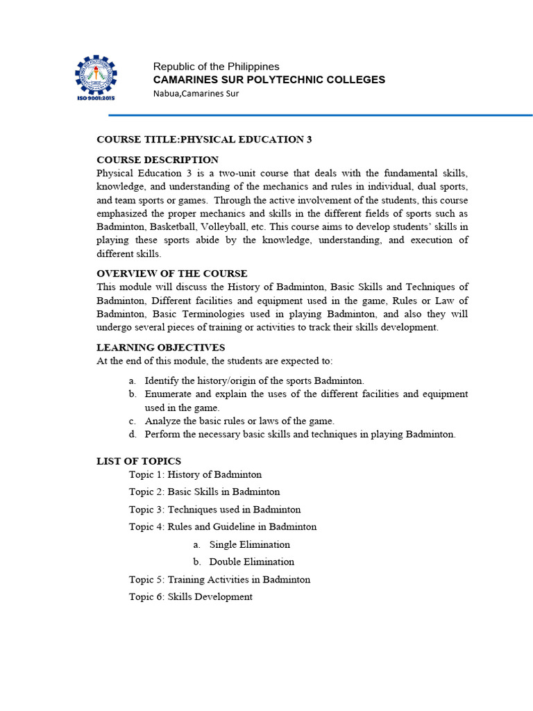 PE3 Module 1 Badminton | PDF | Physical Fitness | Weight Training