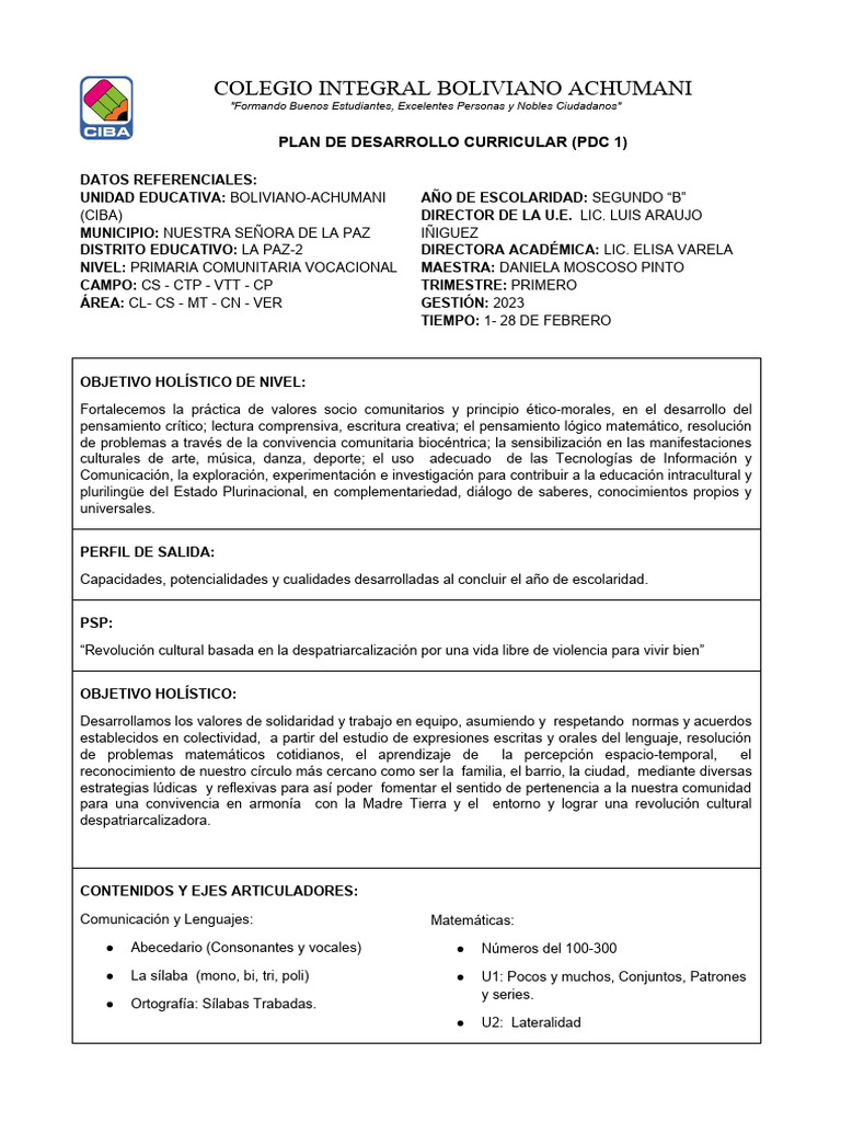 PDC CIBA (1,2,3) 2do Primaria B | PDF | Alfabeto | Escritura