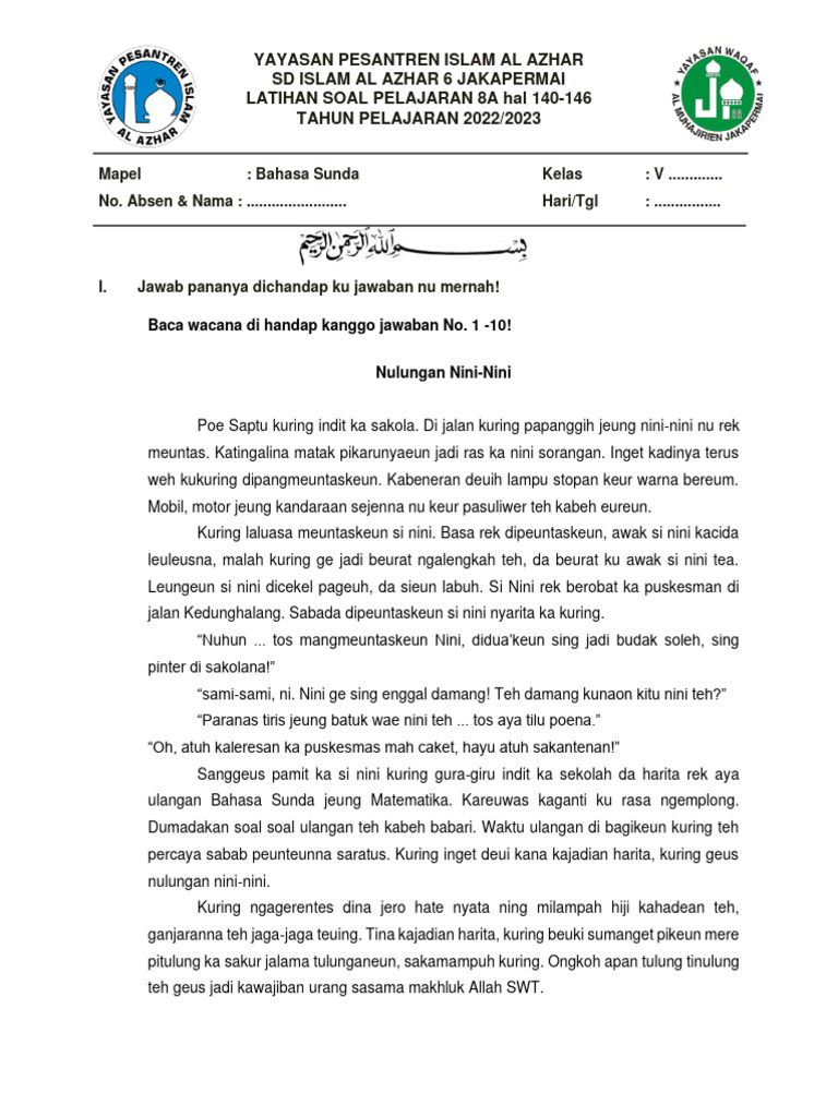 Latihan Ulangan Pel 8a Kelas 5 | PDF