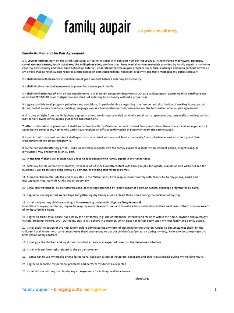 Au Pair Agreement and Guidelines | PDF | Wellness