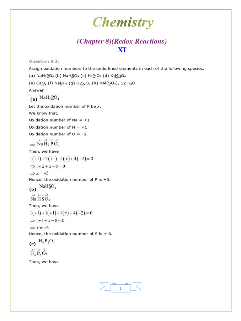 Redox Reaction Ncert Solved | PDF | Redox | Chemical Reactions Redox Reaction Ncert Solved | PDF | Redox | Chemical Reactions