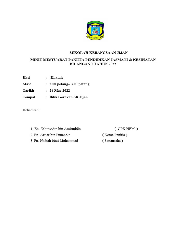 Minit Mesyuarat PJPK 1 2022 | PDF