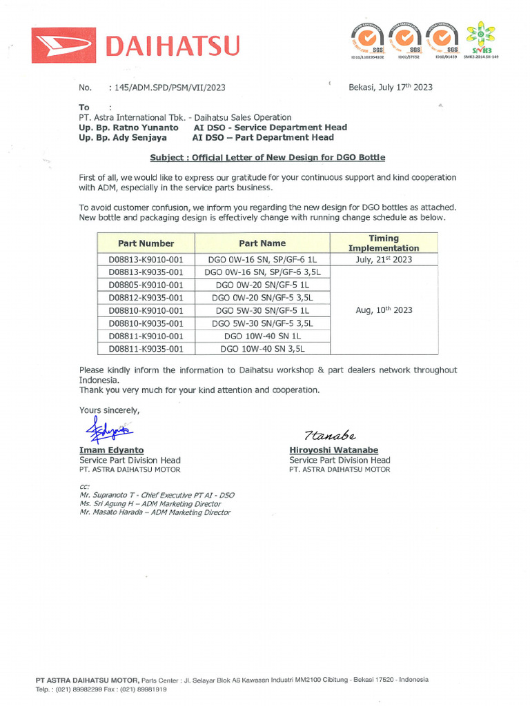 Official Letter of New Design For DGO Bottle | PDF