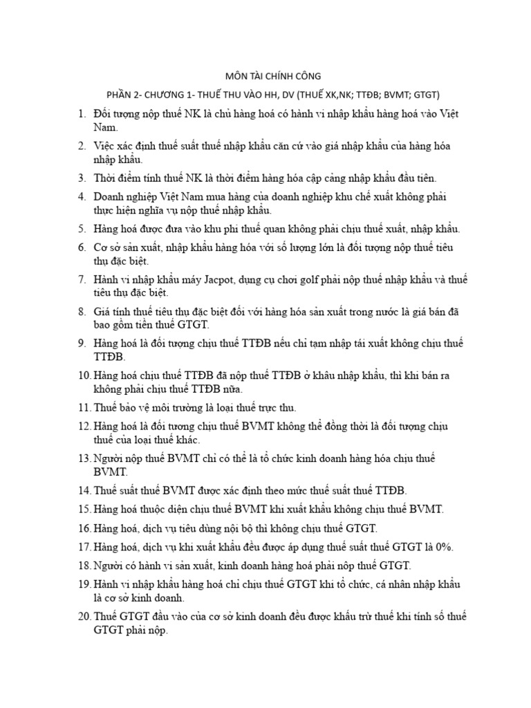 ÔN TẬP PHẦN 2 CHƯƠNG 1 THUẾ THU VÀO HHDV | PDF