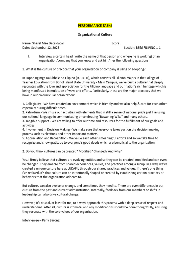 Performace Task - Organizational Culture | PDF | Organizational Culture ...