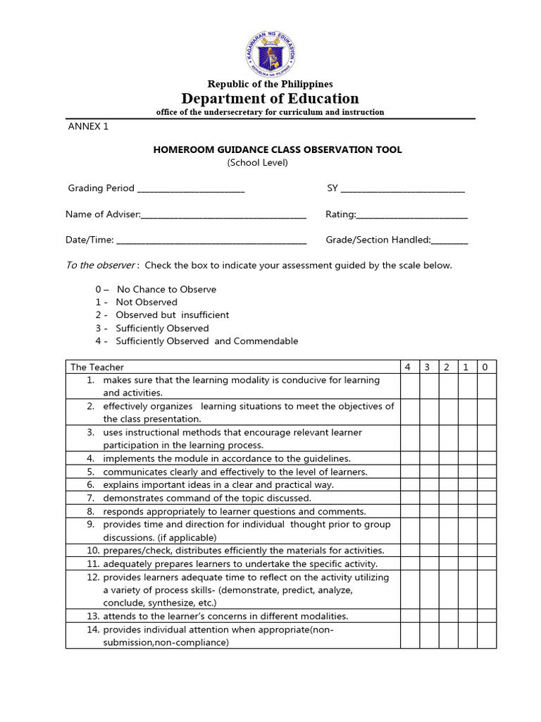 Annex 1 Homeroom Guidance Class Observation Tool Sy 2021 2022 | PDF ...