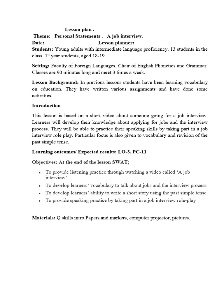 Lesson Plan On Unit 3 | PDF | Job Interview | Lesson Plan