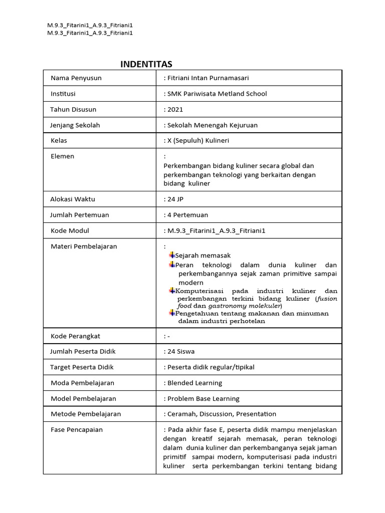 Modul Ajar Dasar-Dasar Kulineri-Perkembangan Bidang Kuliner | PDF