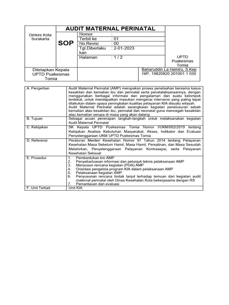 SOP Audit Maternal Perinatal | PDF