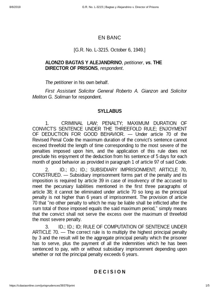 Bagtas v. Director of Prisons Case Summary | PDF | Prison | Fine (Penalty)