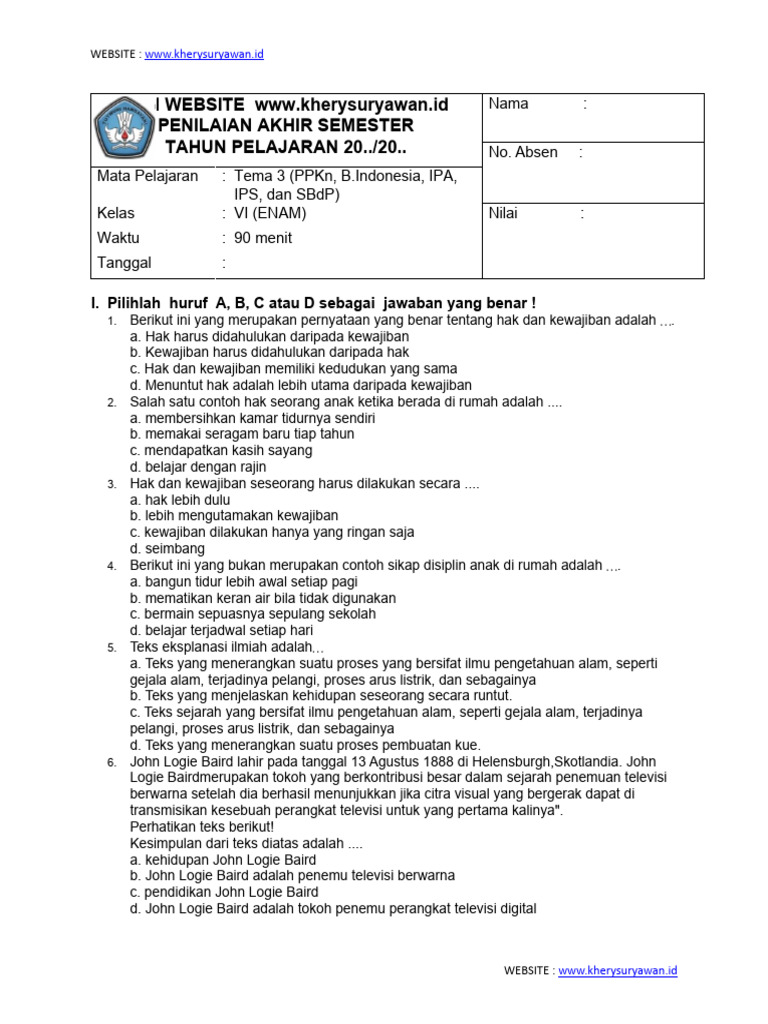 SOAL & Jawaban PAS KELAS 6 TEMA 3 | PDF