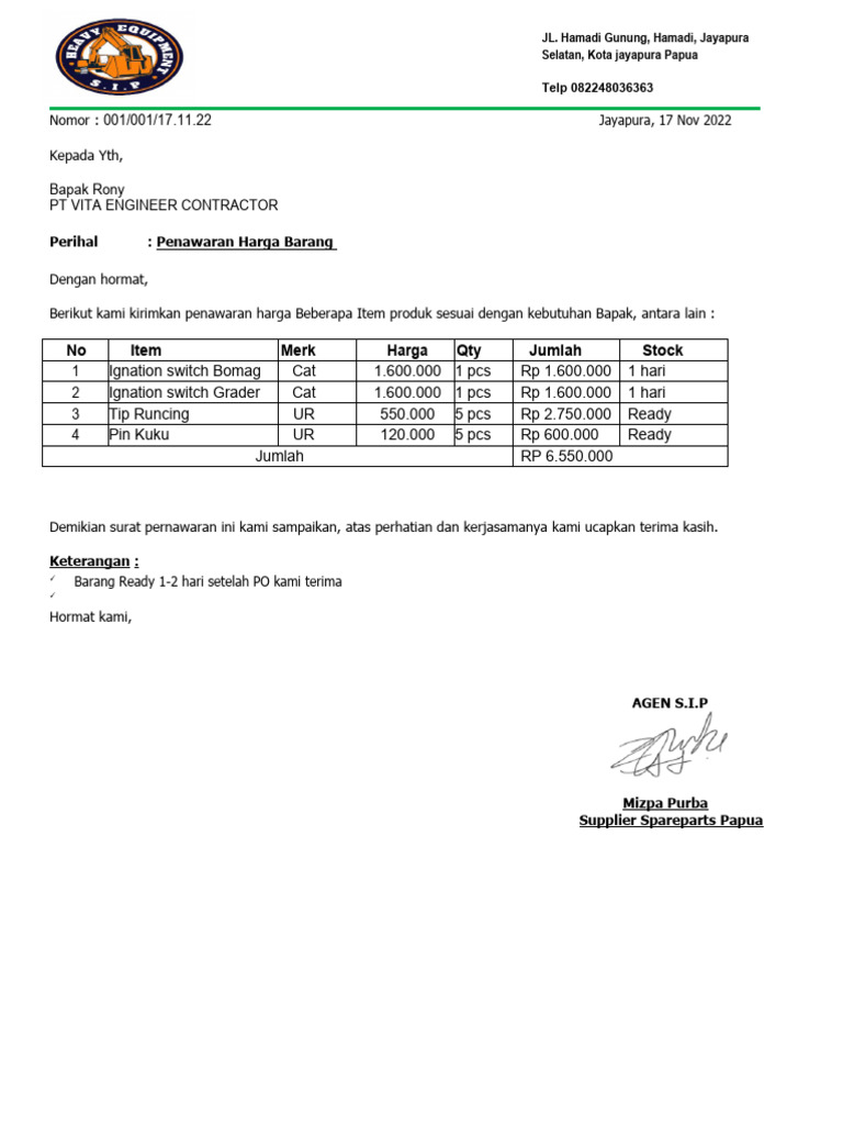 Download Contoh Format Surat Penawaran Harga Barang dan Jasa | PDF