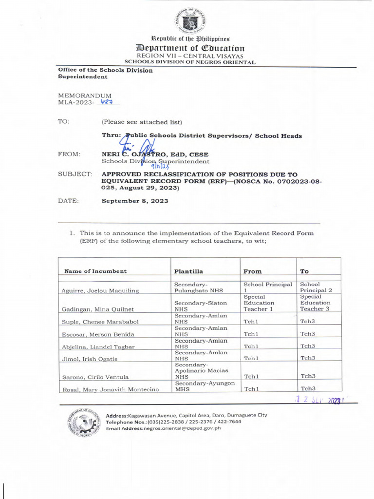 Mla-2023-627 Approved Reclassification of Positions Due To Equivalent Record Forom Erf - Nosca ...