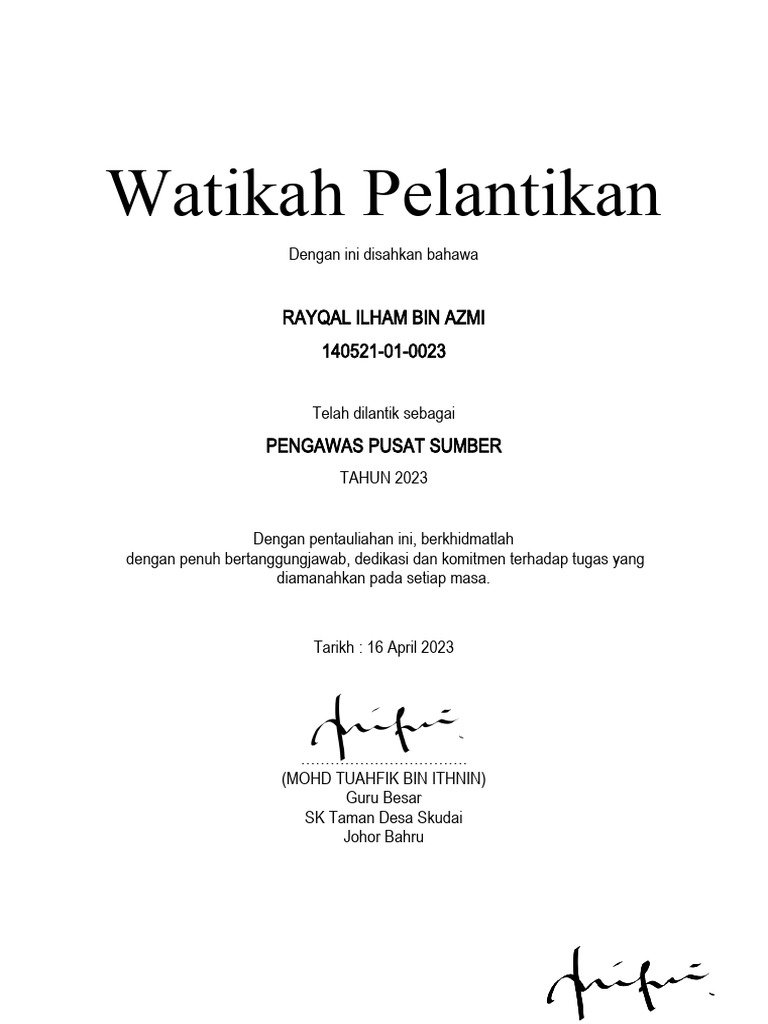 Template Sijil Watikah Pelantikan | PDF