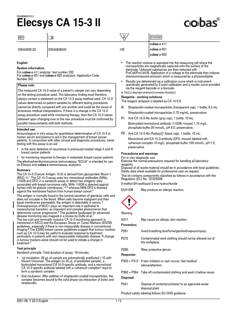CA 15-3 ECLIA Assay Overview | PDF | Receiver Operating Characteristic ...