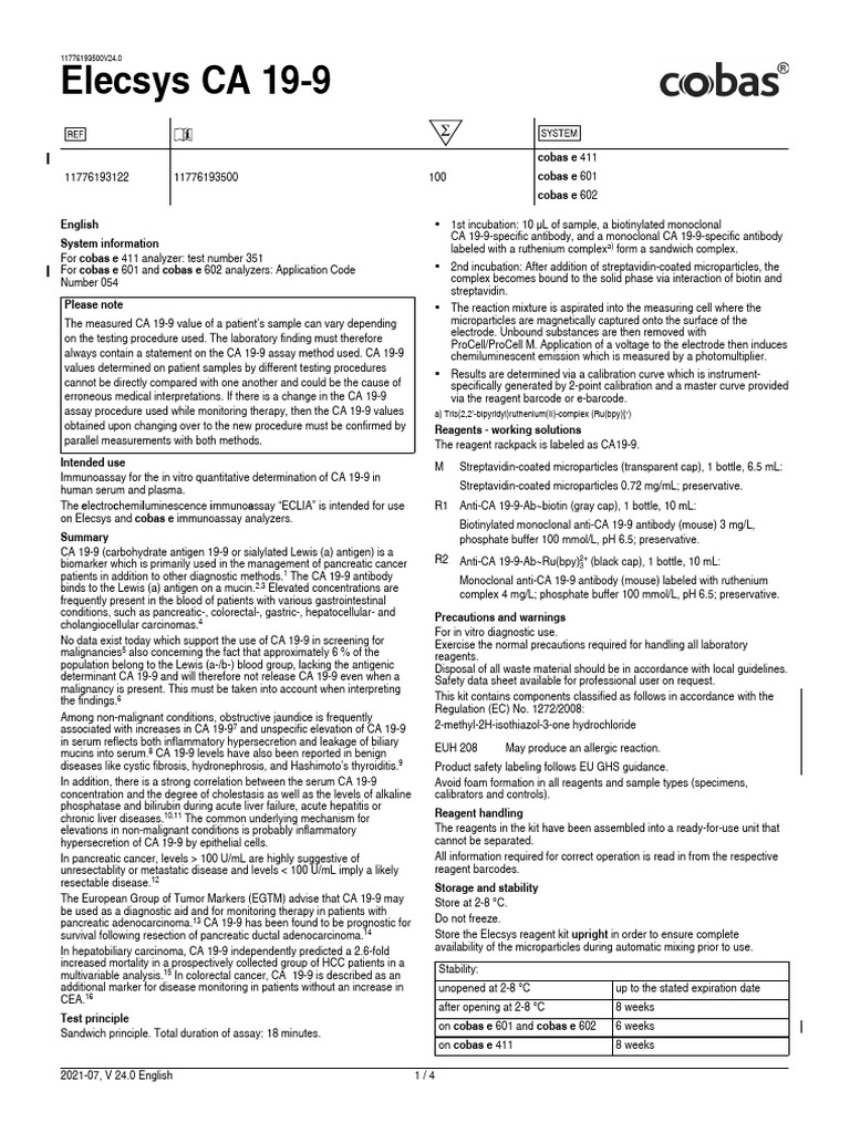 Insert - Elecsys CA 19-9.11776193500.v24.en | PDF | Detection Limit ...