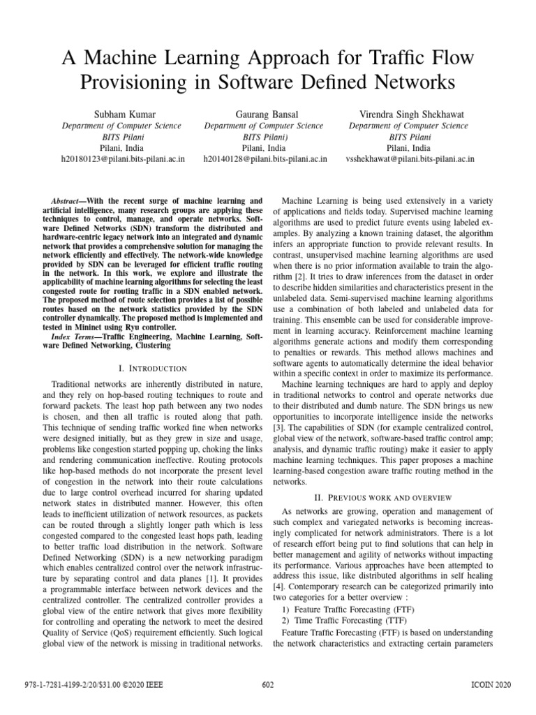 A Machine Learning Approach For Traffic Flow Pdf Routing Computer Network