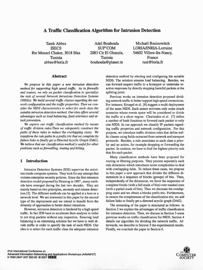 A Traffic Classification Algorithm For Intrusion Detection | PDF | Computer Engineering ...
