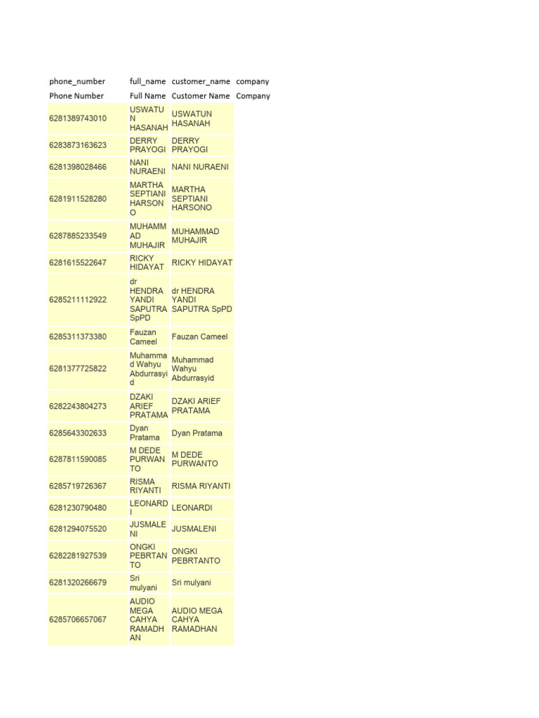 Phone - Number Full - Name Customer - Name Company Phone Number Full ...