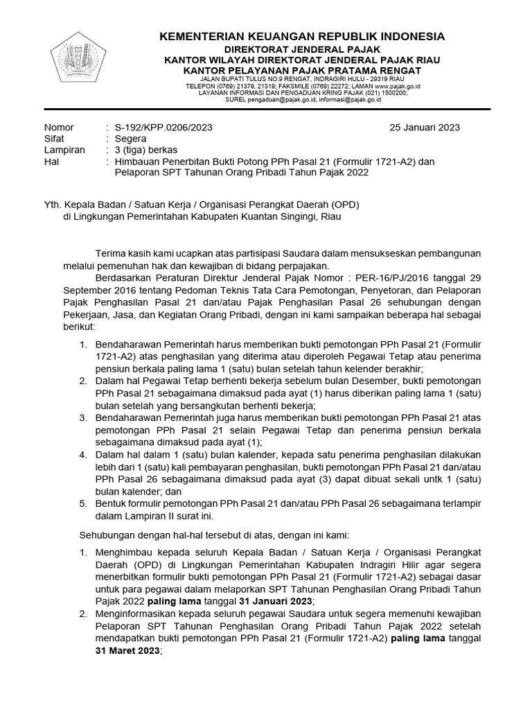 Himbauan Penerbitan Bukti Potong PPH Pasal 21 Formulir 1721A2 Dan ...