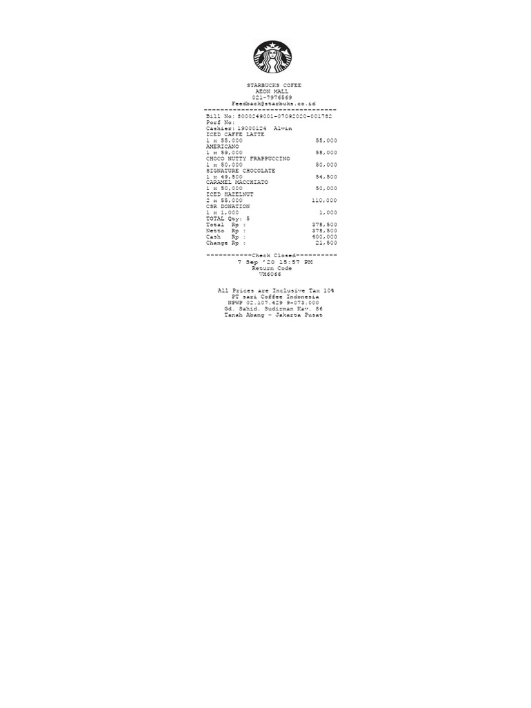 Starbucks Receipt and Menu Prices | PDF