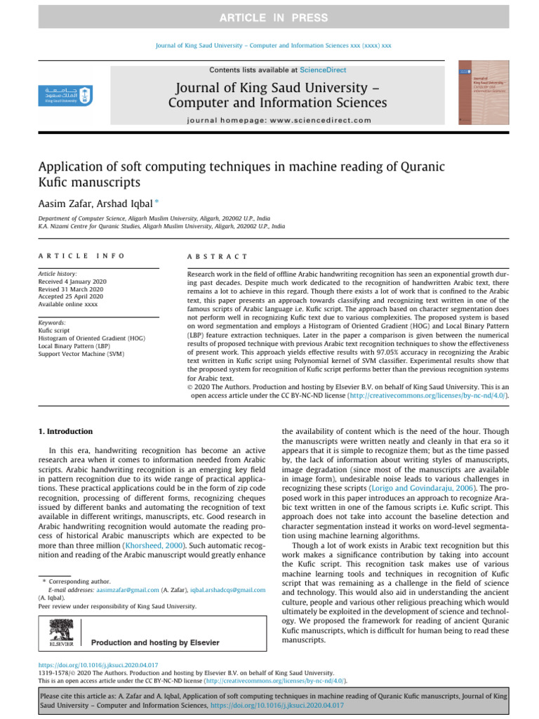 Application of Soft Computing Techniques in Machine Reading of Quranic | PDF | Optical Character ...