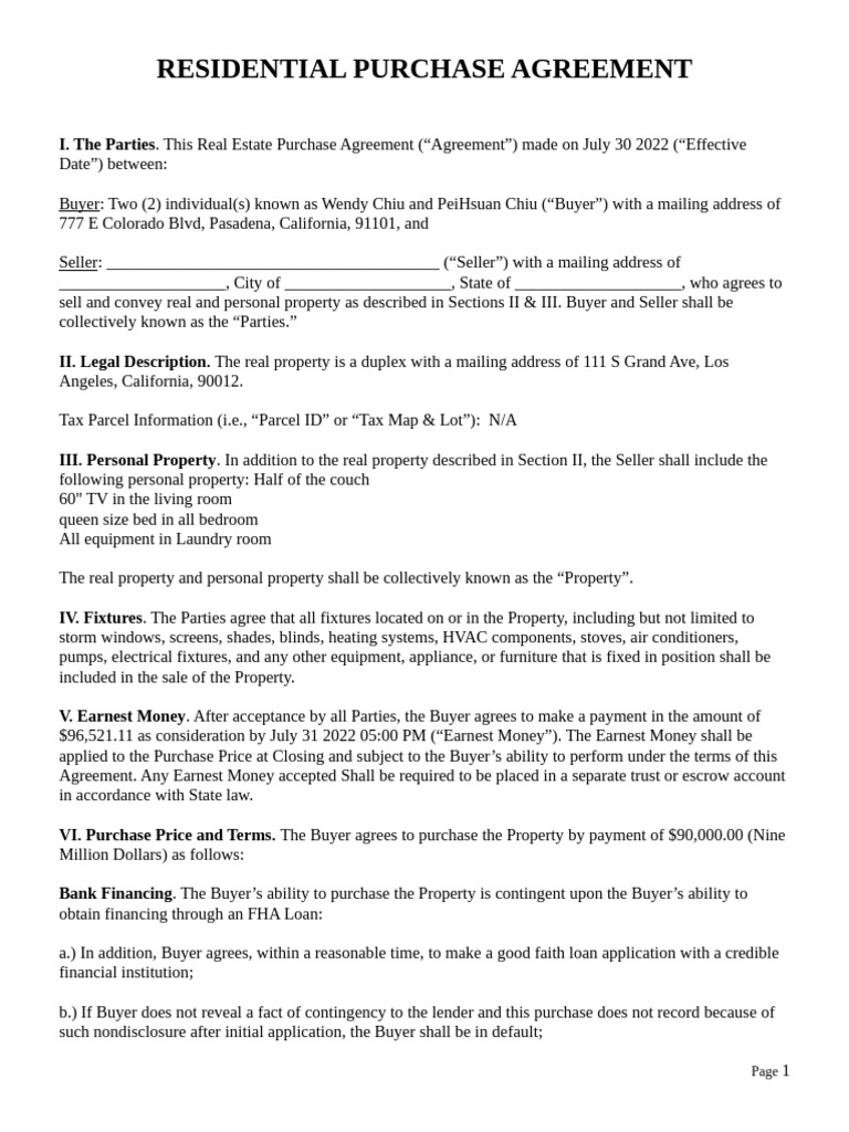 Residential Purchase and Sale Agreement | PDF | Title Insurance ...