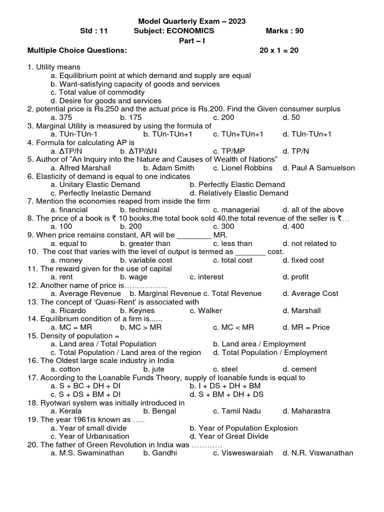 XI Model Quarterly Exam Economics | PDF | Elasticity (Economics) | Demand