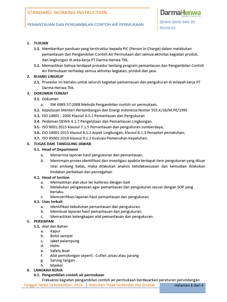 DEWA-QHSE-SWI-39 Pemantauan Dan Pengambilan Contoh Air Permukaan | PDF