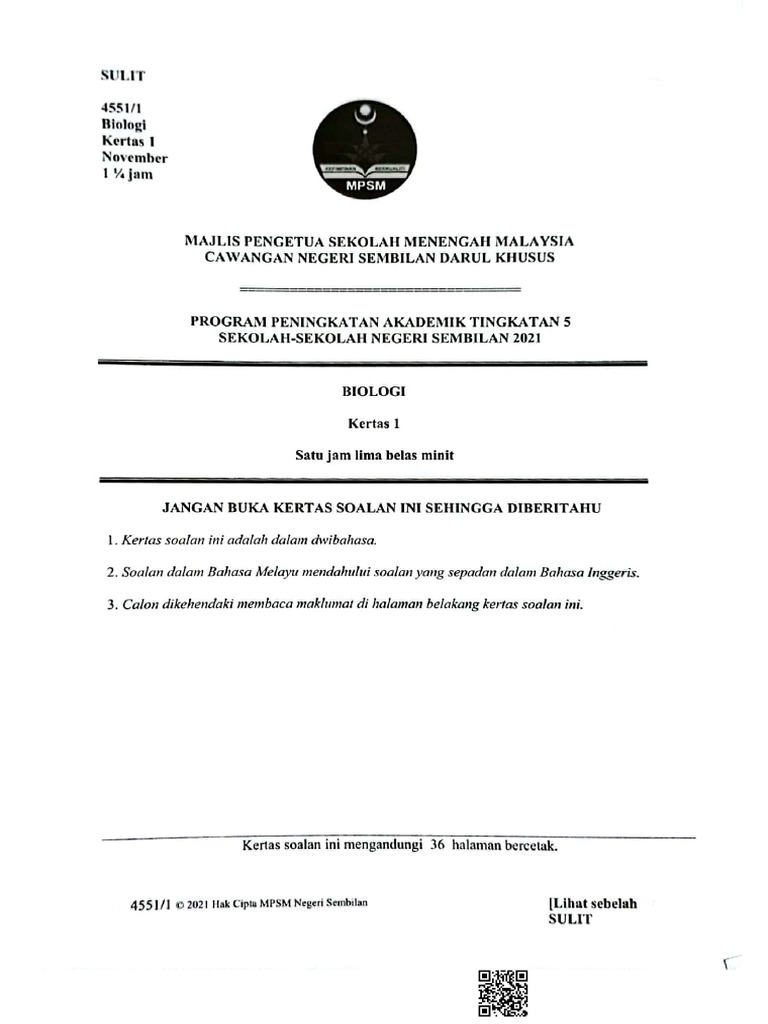 2021 Negeri - Sembilan - MPSM Biology K1 | PDF