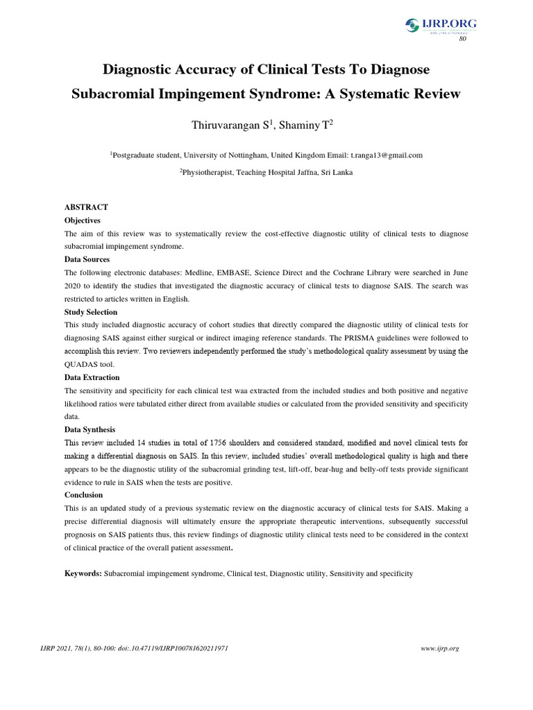 Diagnostic Accuracy of Clinical Tests To Diagnose Subacromial ...