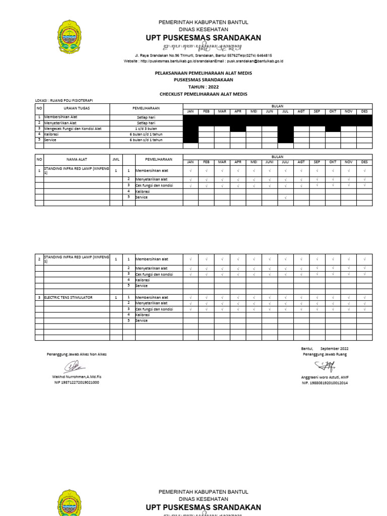 Checklist Monitoring Pemeliharaan Alkes 2022 | PDF
