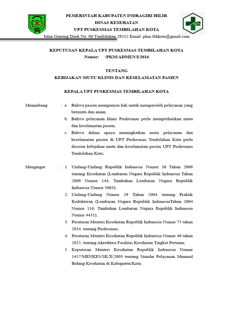 SK KEBIJAKAN MUTU PUSKESMAS DAN KESELAMATAN PASIEN | PDF